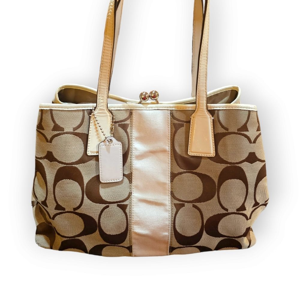 Coach Signature Stripe Frame Kisslock Caryall Satchel… - Gem